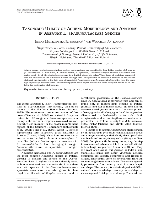 (PDF) Taxonomic Utility of Achene Morphology and Anatomy in Anemone L ...