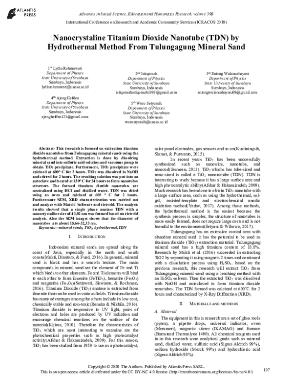(PDF) Nanocrystaline Titanium Dioxide Nanotube (TDN) by Hydrothermal Method From Tulungagung ...