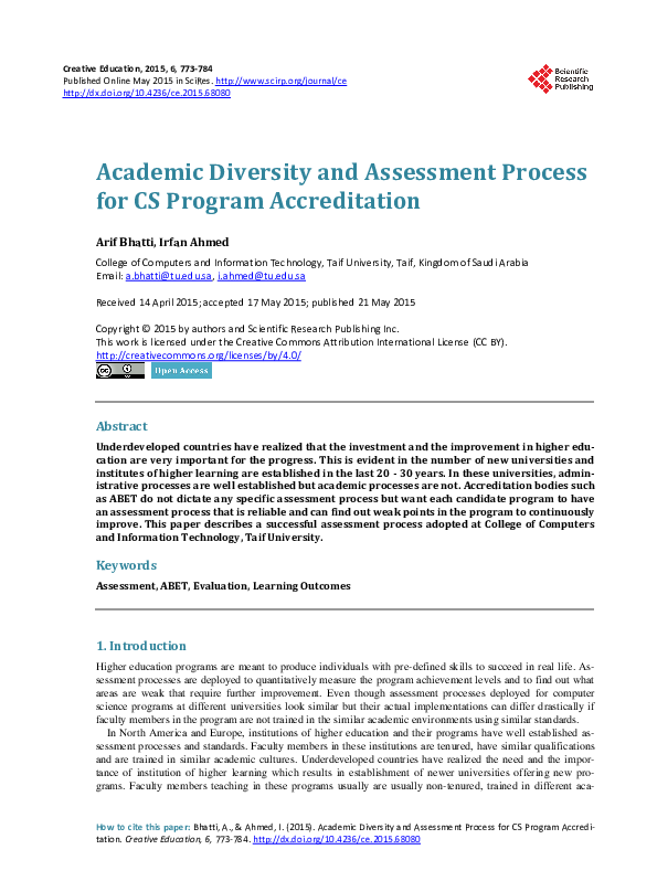 (PDF) Academic Diversity and Assessment Process for CS Program Accreditation