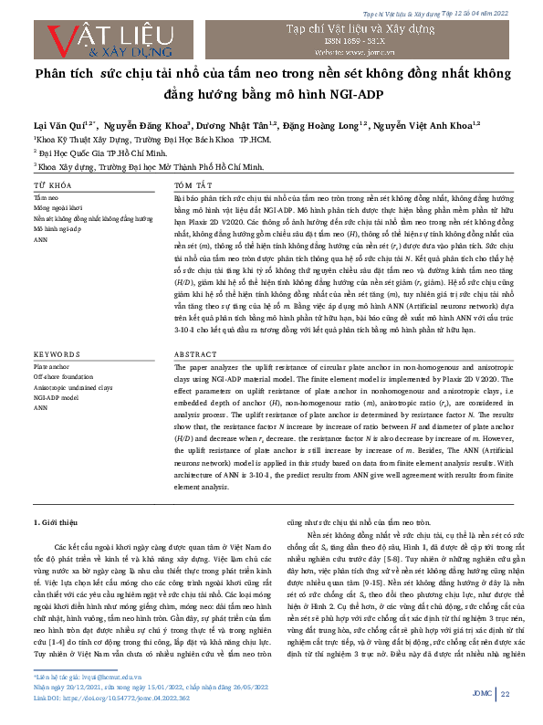 (PDF) Phân tích sức chịu tải nhổ của tấm neo trong nền sét không đồng ...