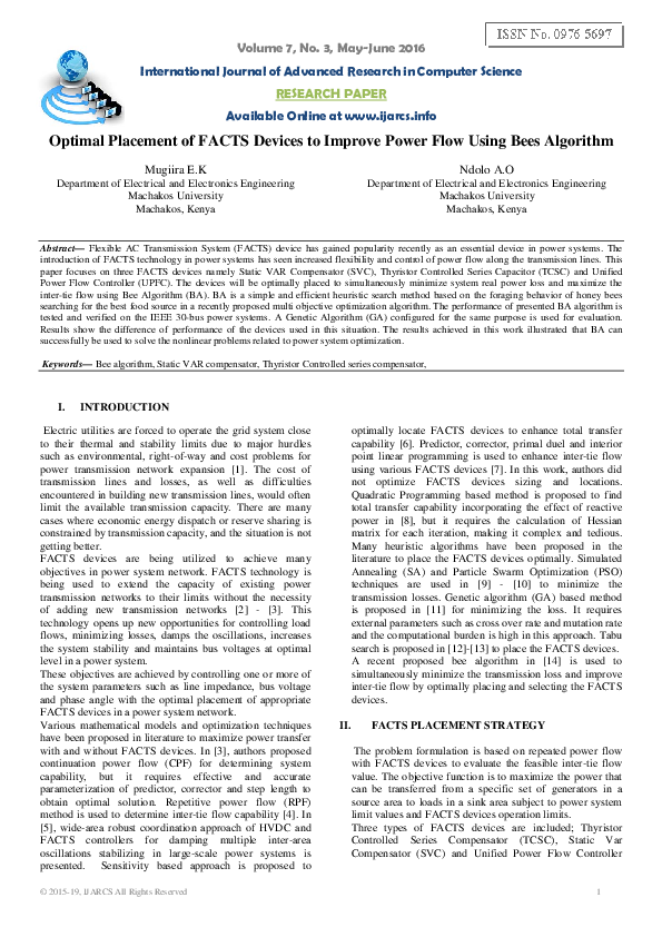 Pdf Optimal Placement Of Facts Devices To Improve Power Flow Using Bees Algorithm