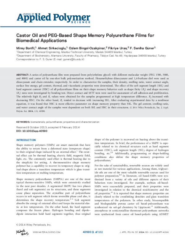 (PDF) Castor oil and PEG-based shape memory polyurethane films for biomedical applications