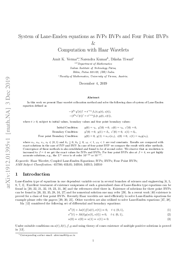 (PDF) System of Lane-Emden equations as IVPs BVPs and Four Point BVPs & Computation with Haar ...