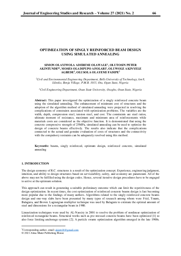 (PDF) Optimization of Singly Reinforced Beam Design Using Simulated Annealing