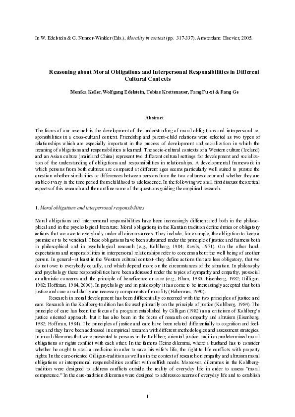 (PDF) Reasoning About Moral Obligations and Interpersonal Responsibilities in Different Cultural ...