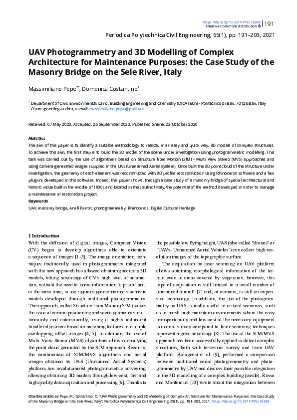 (PDF) UAV Photogrammetry and 3D Modelling of Complex Architecture for Maintenance Purposes: the ...