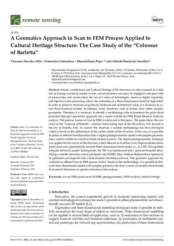 (PDF) A Geomatics Approach in Scan to FEM Process Applied to Cultural Heritage Structure: The ...