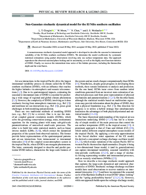 (PDF) Non-Gaussian stochastic dynamical model for the El Niño southern oscillation