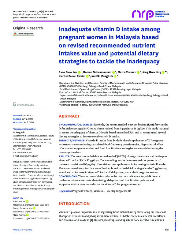 (PDF) Inadequate vitamin D intake among pregnant women in Malaysia ...