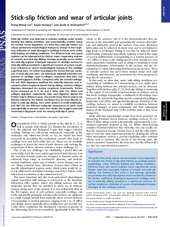 (PDF) Stick-slip friction and wear of articular joints