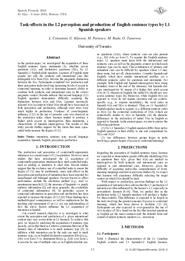 (PDF) Task-effects in the L2 perception and production of English sentence types by L1 Spanish ...