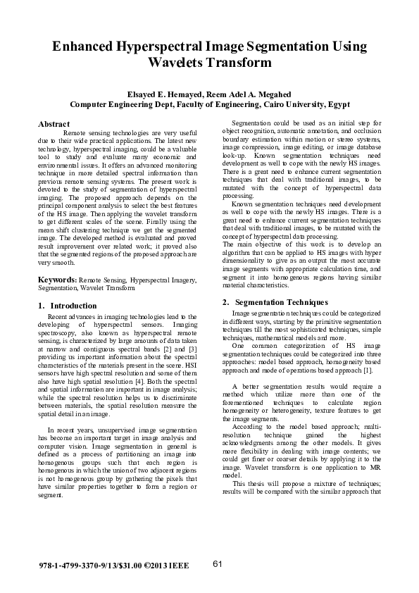 Pdf Enhanced Hyperspectral Image Segmentation Using Wavelets Transform