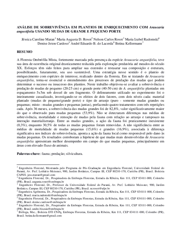 (PDF) Análise de sobrevivência em plantios de enriquecimento com ...