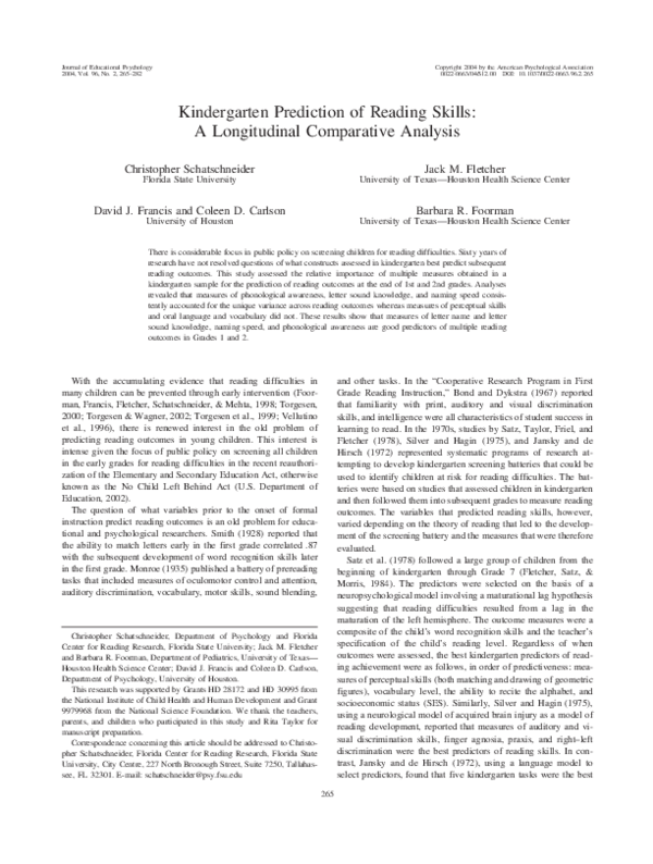 (PDF) Kindergarten Prediction of Reading Skills: A Longitudinal ...