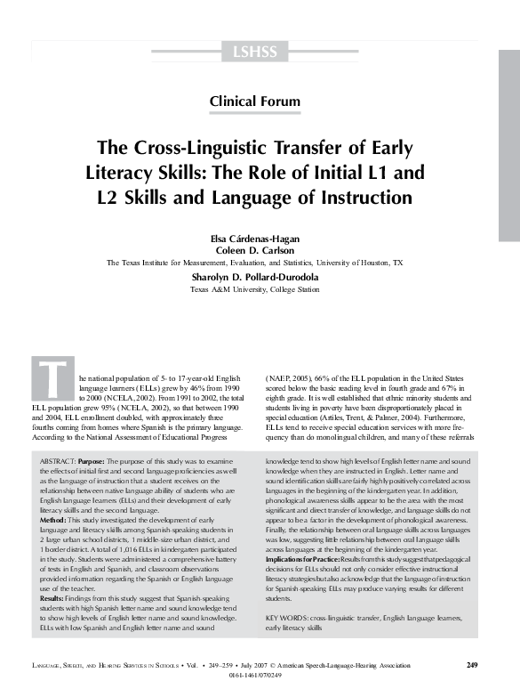 (PDF) The Cross-Linguistic Transfer of Early Literacy Skills: The Role ...