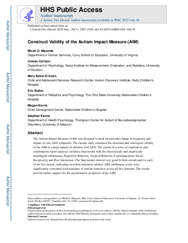 (PDF) Construct Validity of the Autism Impact Measure (AIM)