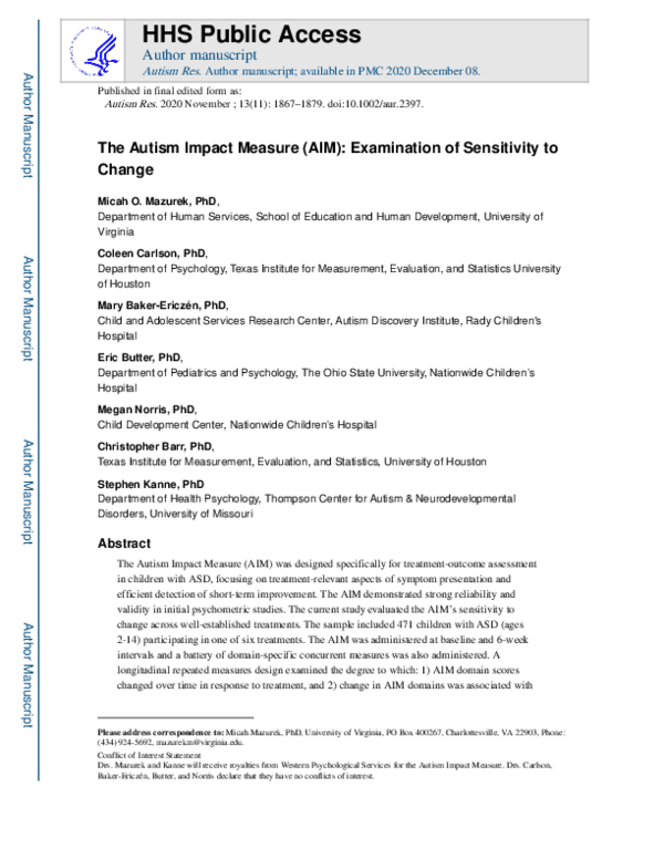 (PDF) The Autism Impact Measure (AIM): Examination of Sensitivity to Change