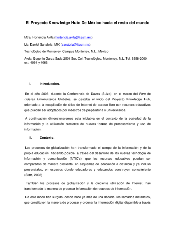(PDF) El proyecto Knowledge Hub: De México hacia el resto del mundo, 2008 | Daniel Barrios ...