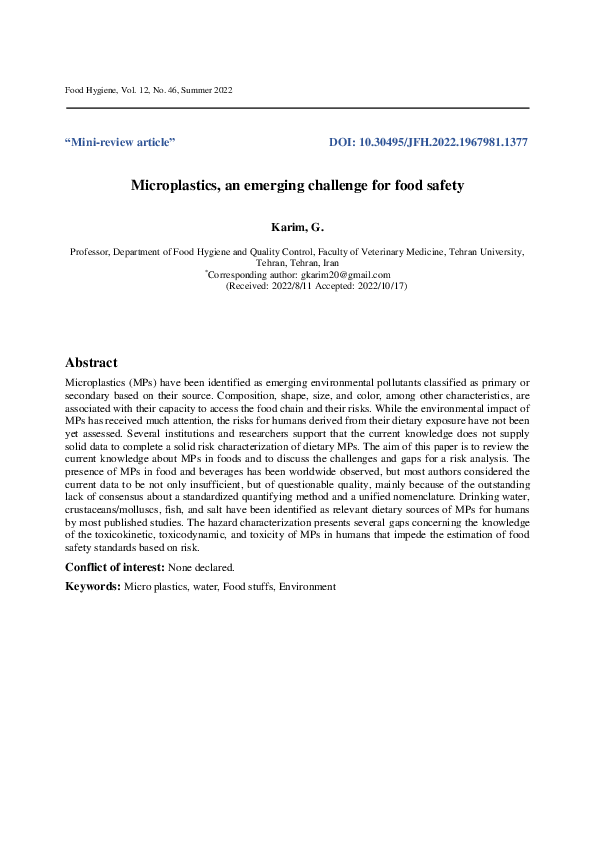 (PDF) Microplastics, an emerging challenge for food safety