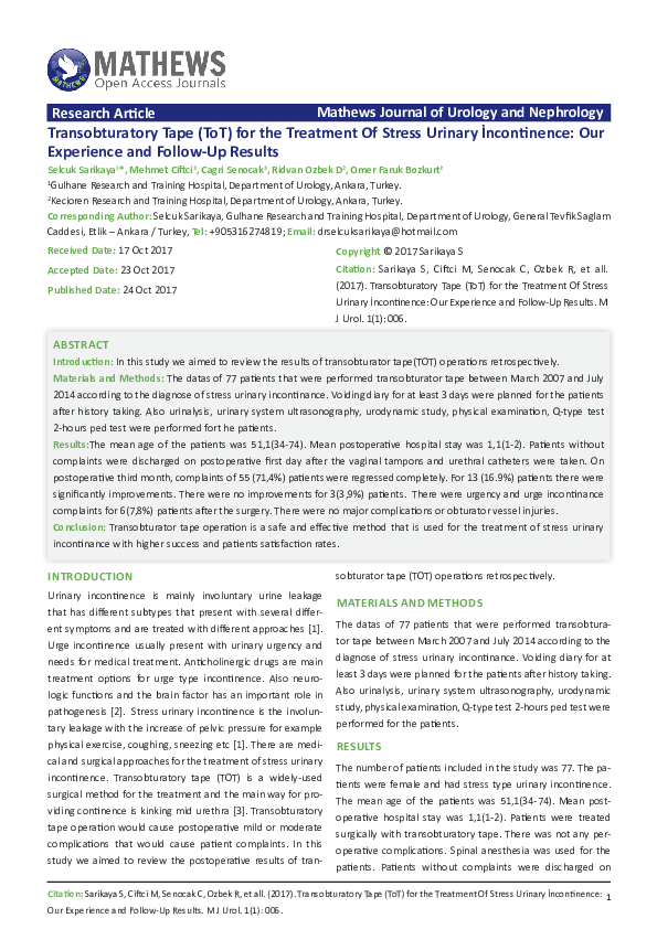 (PDF) Transobturatory Tape ( ToT ) for the Treatment Of Stress Urinary ...