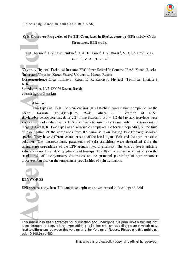 (PDF) Spin crossover properties of Fe(III) complexes in [Fe (bzacen)(tvp)]BPh4 ·nSolv chain ...