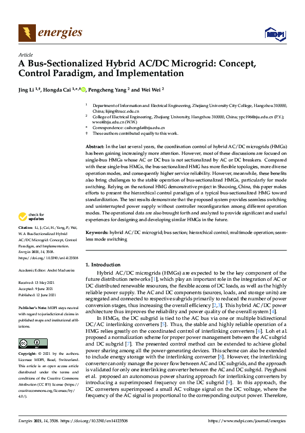 Pdf A Bus Sectionalized Hybrid Ac Dc Microgrid Concept Control Paradigm And Implementation