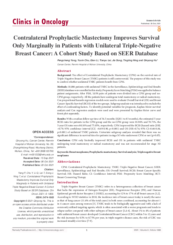 (PDF) Contralateral Prophylactic Mastectomy Improves Survival Only ...
