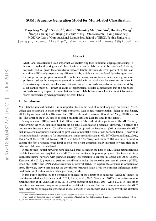(PDF) SGM: Sequence Generation Model for Multi-label Classification