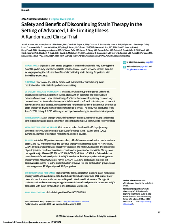(PDF) Safety and Benefit of Discontinuing Statin Therapy in the Setting ...