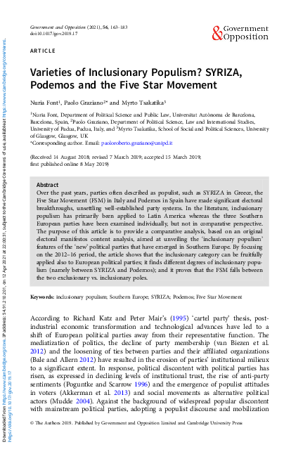 (PDF) Varieties of Inclusionary Populism? SYRIZA, Podemos and the Five ...