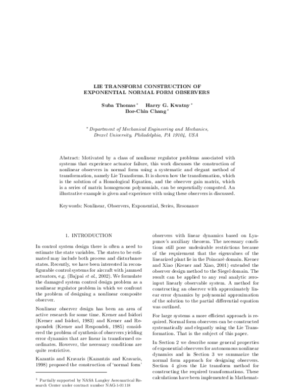 (PDF) Lie Transform Construction of Exponential Normal Form Observers ...