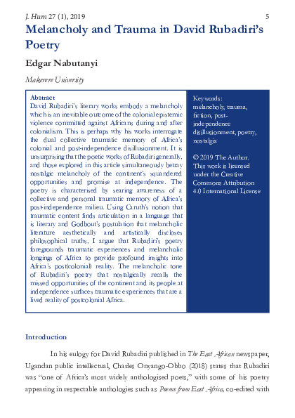 (PDF) Melancholy and trauma in David Rubadiri’s poetry