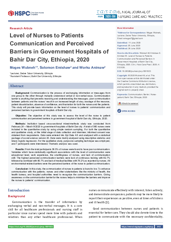 (PDF) Level of Nurses to Patients Communication and Perceived Barriers ...