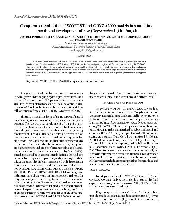 (PDF) Comparative evaluation of WOFOST and ORYZA2000 models in simulating growth and development ...