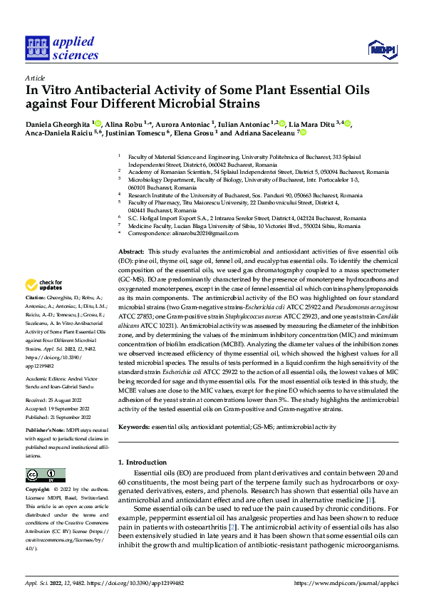 (PDF) In Vitro Antibacterial Activity of Some Plant Essential Oils against Four Different ...