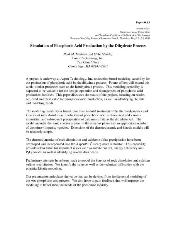 (PDF) Simulation of Phosphoric Acid Production by the Dihydrate Process