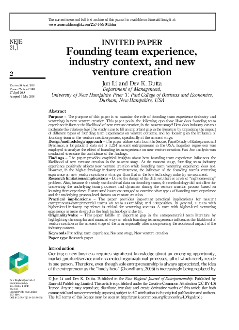 (PDF) Founding team experience, industry context, and new venture creation