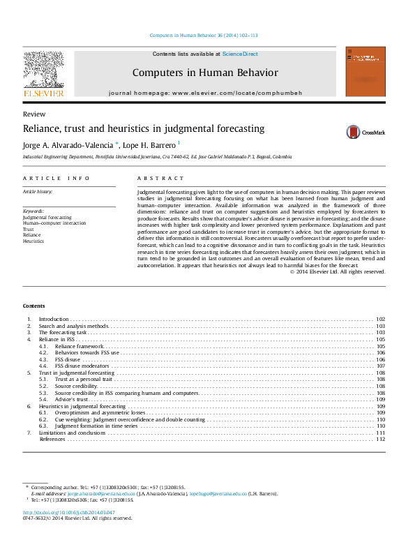 (PDF) Reliance, trust and heuristics in judgmental forecasting