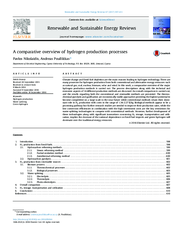 (PDF) A comparative overview of hydrogen production processes