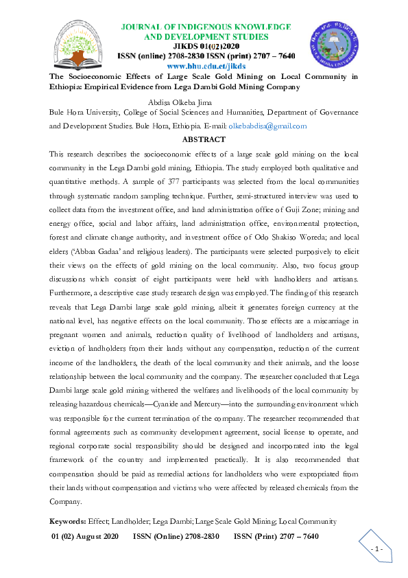 (PDF) The Socioeconomic Effects of Large Scale Gold Mining on Local Community in Ethiopia ...