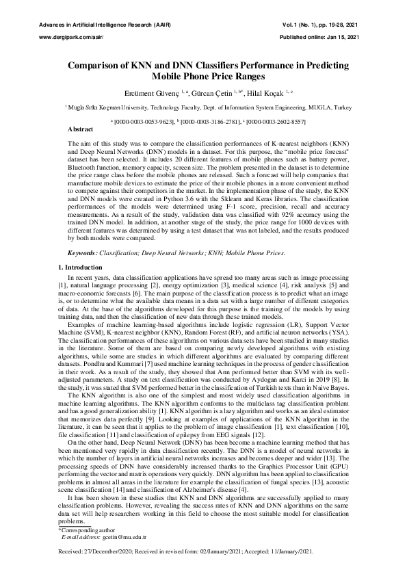 Pdf Comparison Of Knn And Dnn Classifiers Performance In Predicting