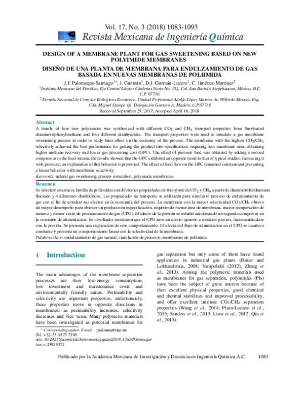 (PDF) Design of a Membrane Plant for Gas Sweetening Based on New ...