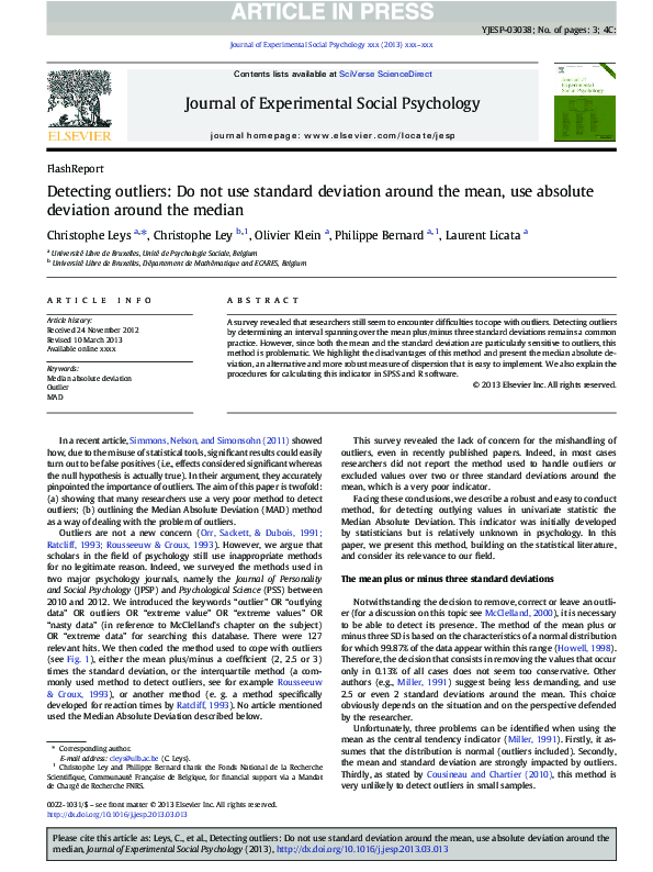 Pdf Detecting Outliers Do Not Use Standard Deviation Around The Mean
