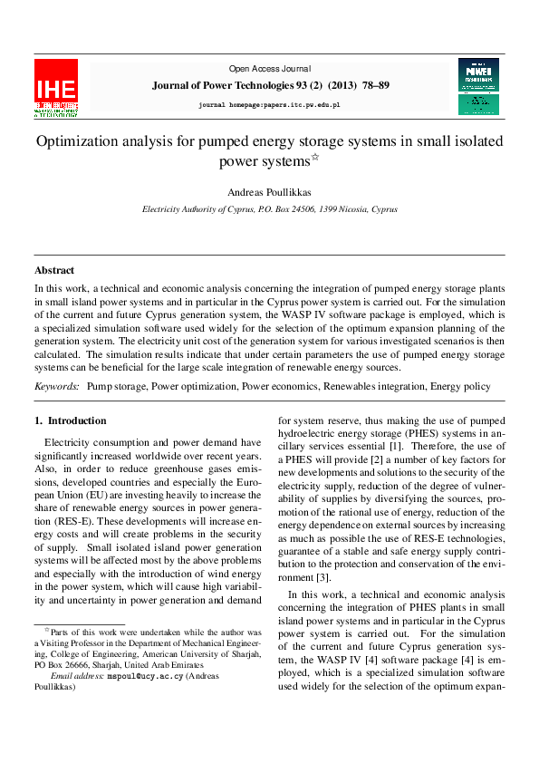(PDF) Optimization analysis for pumped energy storage systems in small isolated power systems