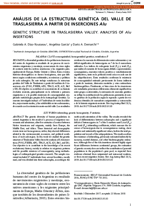 (PDF) Genetic structure in Traslasierra valley. Analysis of Alu insertions