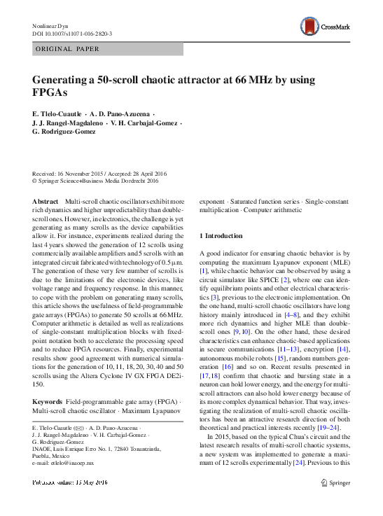 (PDF) Generating a 50-scroll chaotic attractor at 66 MHz by using FPGAs