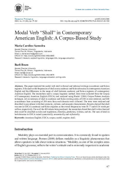 (PDF) Modal Verb “Shall” in Contemporary American English: A Corpus-Based Study