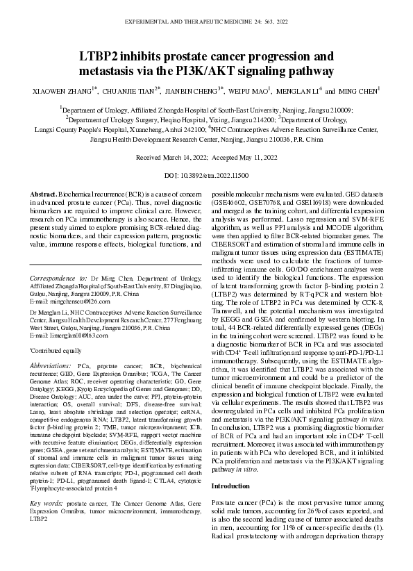 (PDF) LTBP2 inhibits prostate cancer progression and metastasis via the ...