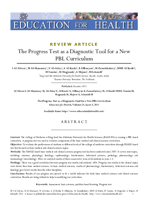 (PDF) The progress test as a diagnostic tool for a new PBL curriculum