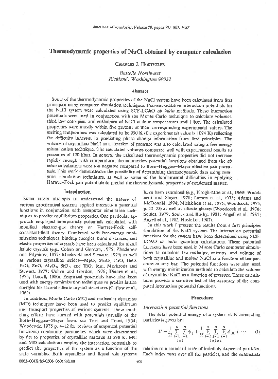 (PDF) Thermodynamic properties of NaCl obtained by computer calculation